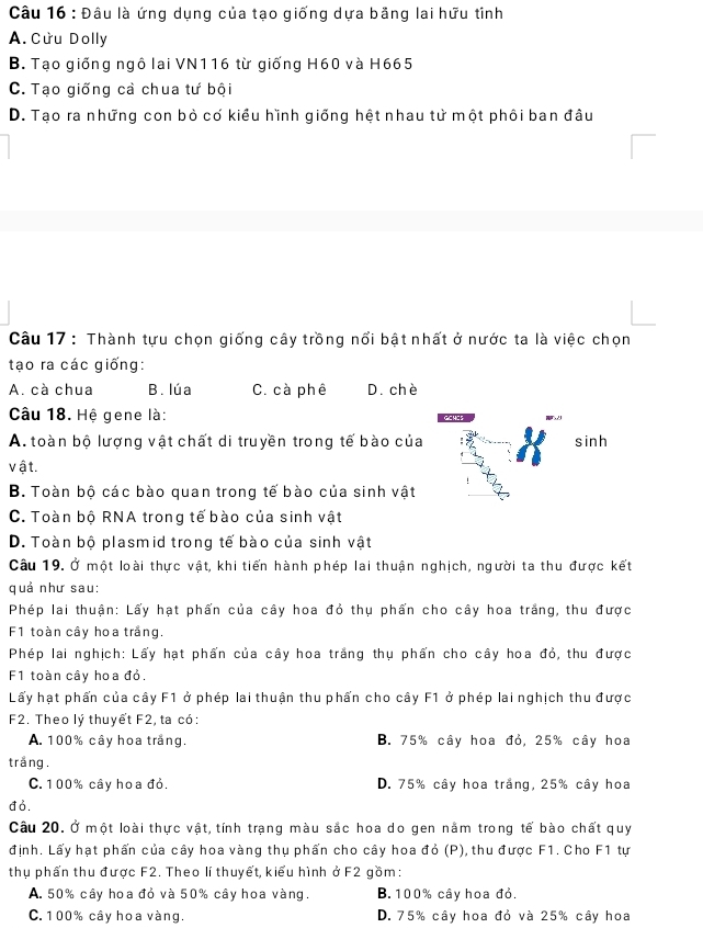 Giải quyết:Đâu là ứng dụng của tạo giống dựa bảng lai hữu tinh A. Cửu ...