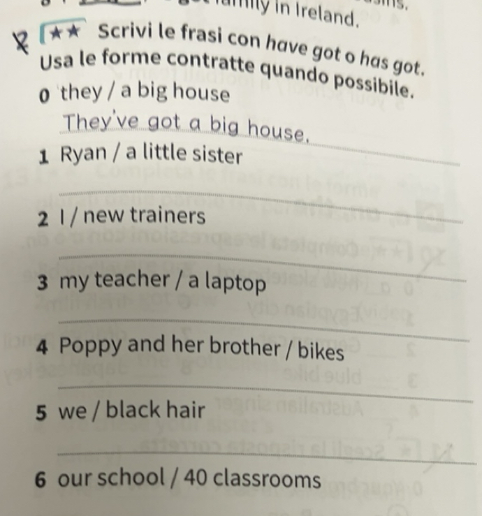 Risolto:my in Ireland. ** Scrivi le frasi con have got o has got. Usa le forme contratte quando