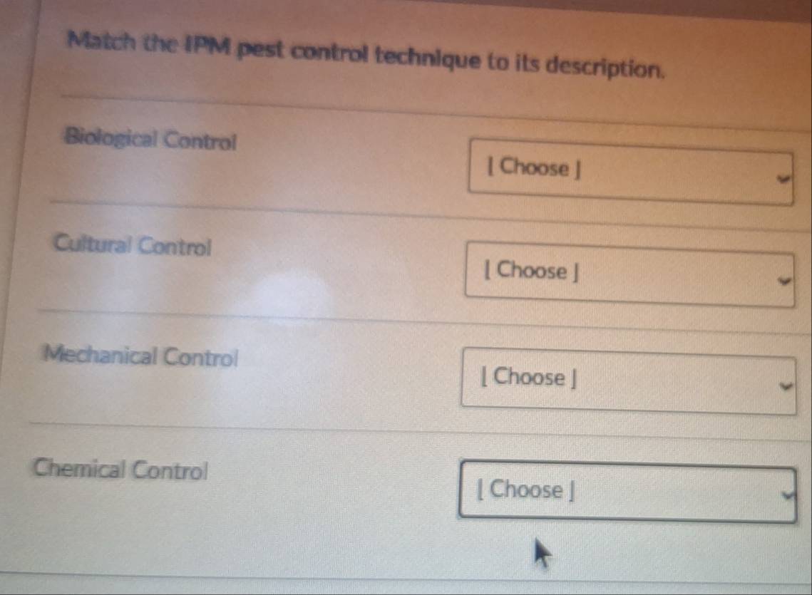Solved: Match the IPM pest control technique to its description ...