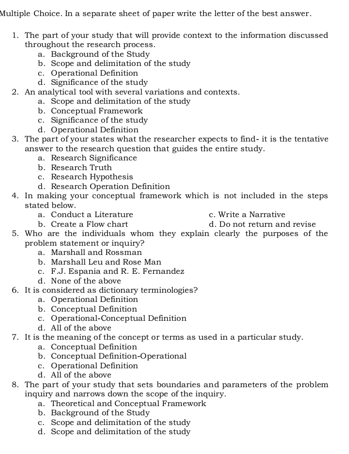 Solved: In a separate sheet of paper write the letter of the best ...