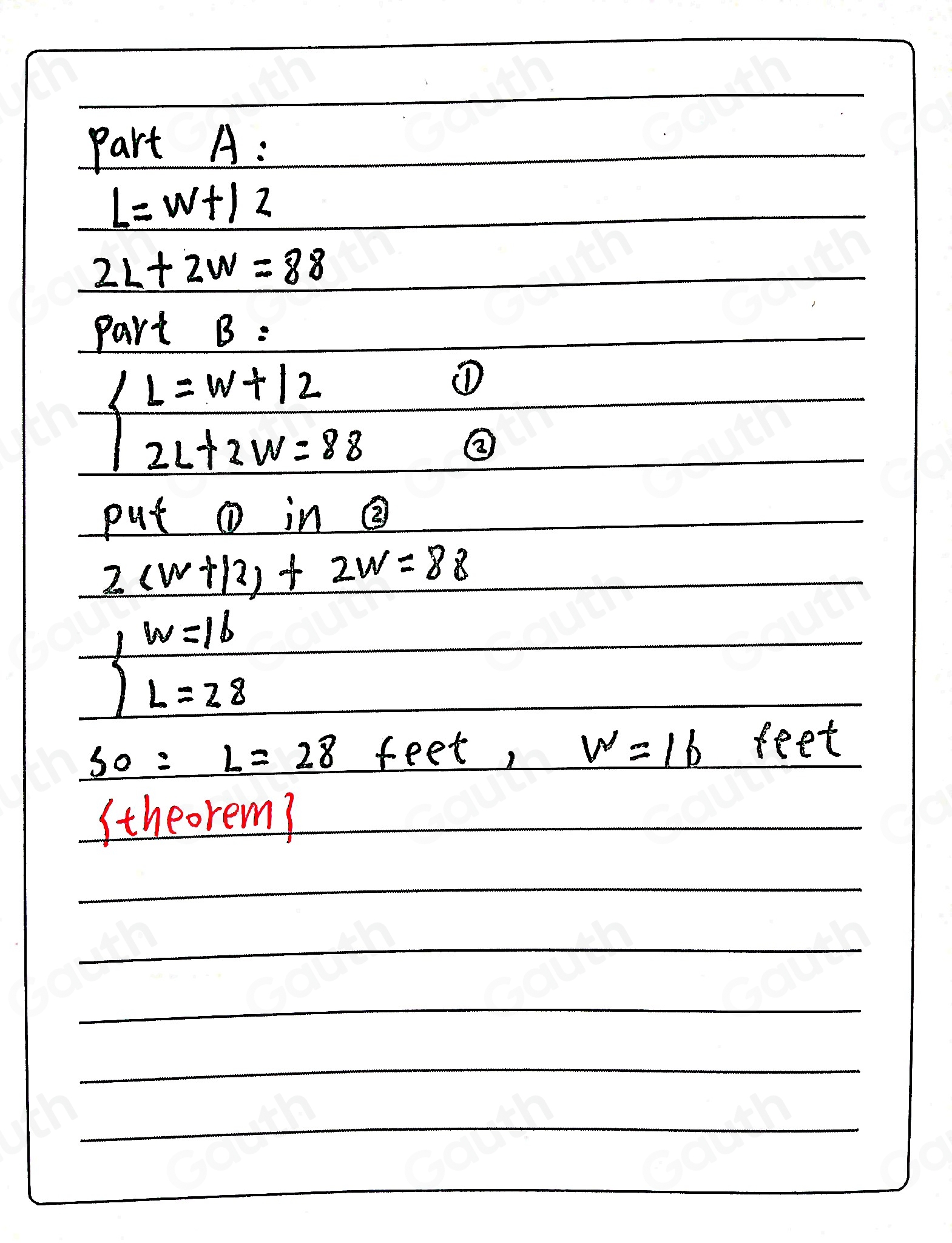 Solved: The perimeter of a garden is 88 feet. The length is 12 feet ...