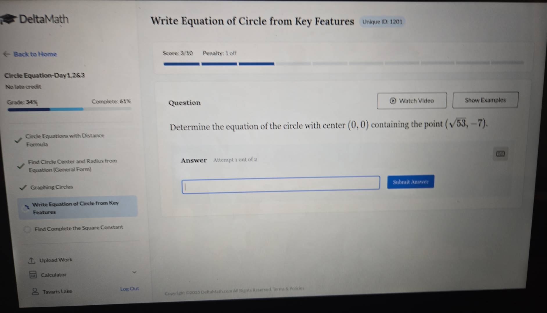 Solved: DeltaMath Write Equation of Circle from Key Features Unique ID ...