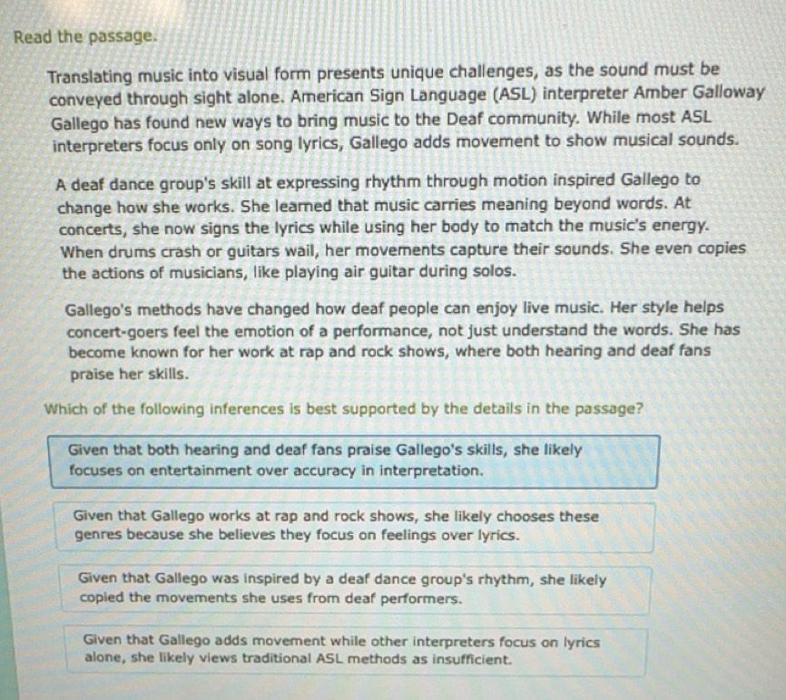 Solved: Read the passage. Translating music into visual form presents ...