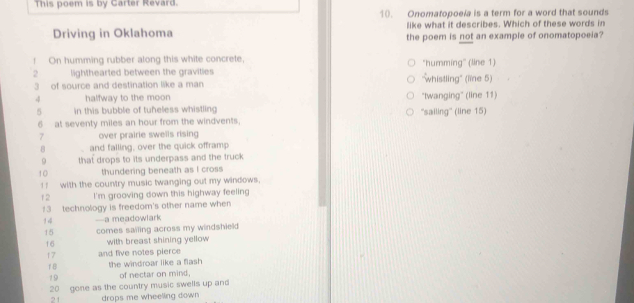 Solved: This poem is by Carter Revard. 10. Onomatopoeia is a term for a ...