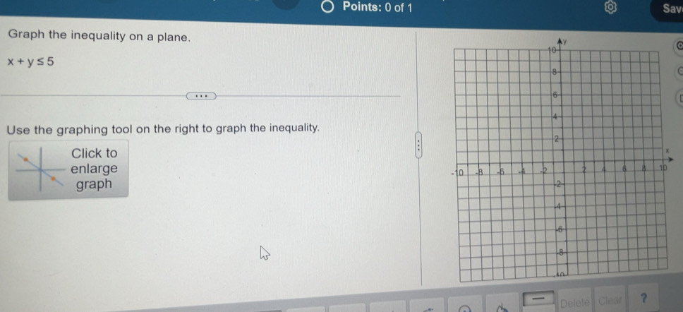 Solved: Sav Graph the inequality on a plane. x+y≤ 5 Use the graphing ...