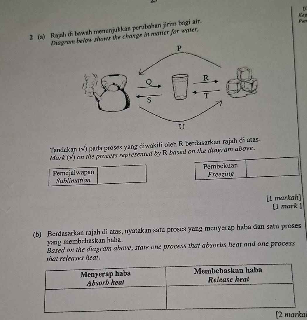 Selesai:Keg 2 (a) Rajah di bawah menunjukkan perubahan jirim bagi air ...