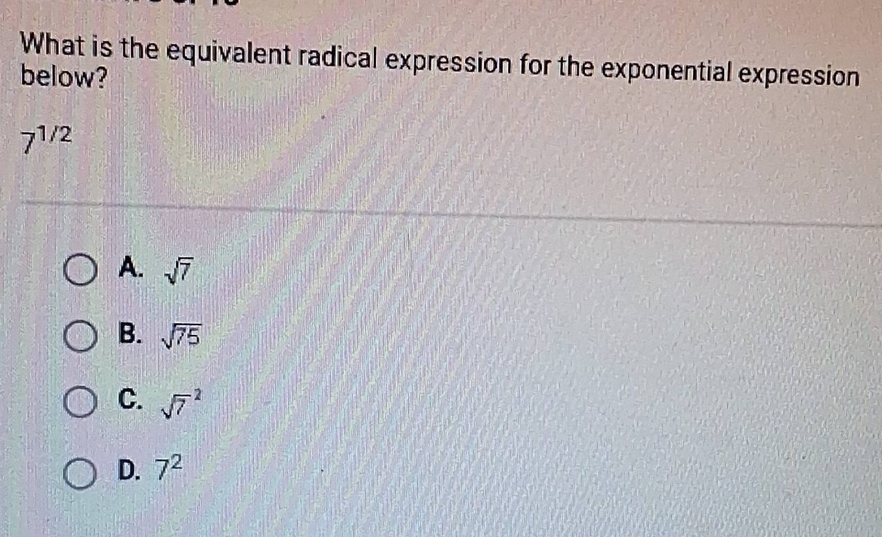 Solved: What is the equivalent radical expression for the exponential ...