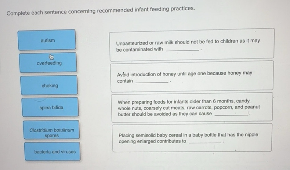 Solved: Complete each sentence concerning recommended infant feeding ...