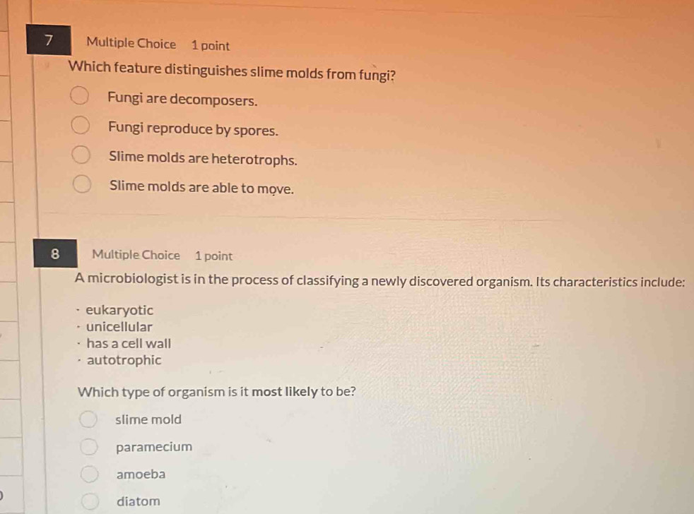 Solved: Which feature distinguishes slime molds from fungi? Fungi are ...