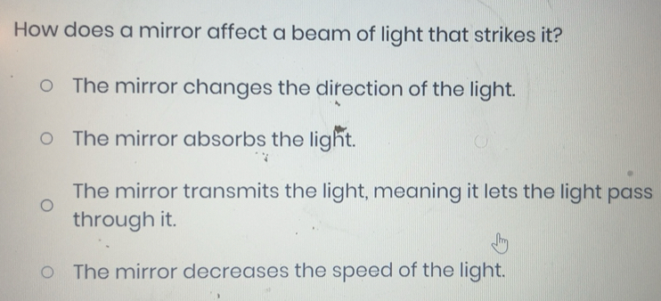 Solved: How does a mirror affect a beam of light that strikes it? The ...