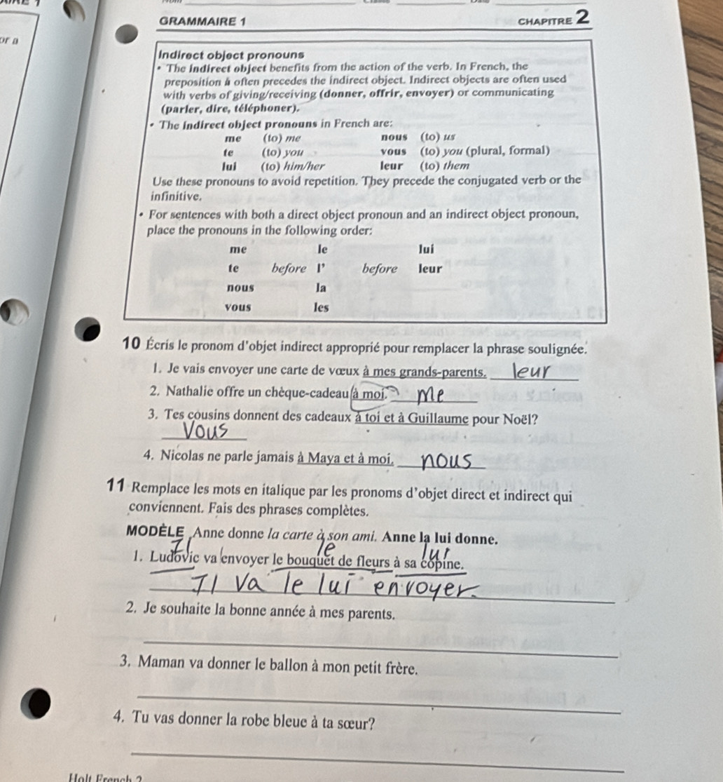 Solved: GRAMMAIRE 1 chapitre 2 or a Indirect object pronouns The ...