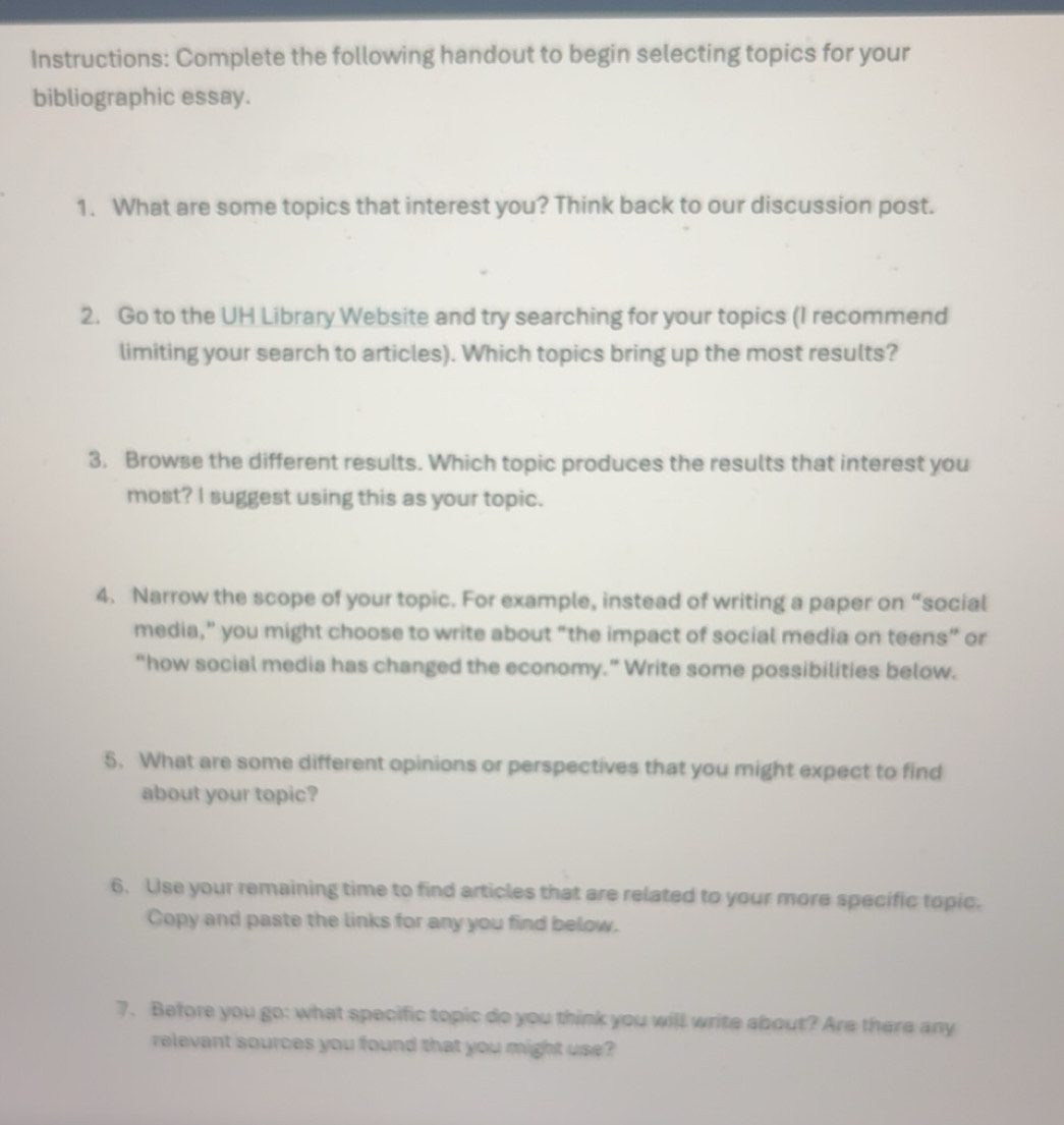 Solved: Instructions: Complete the following handout to begin selecting ...