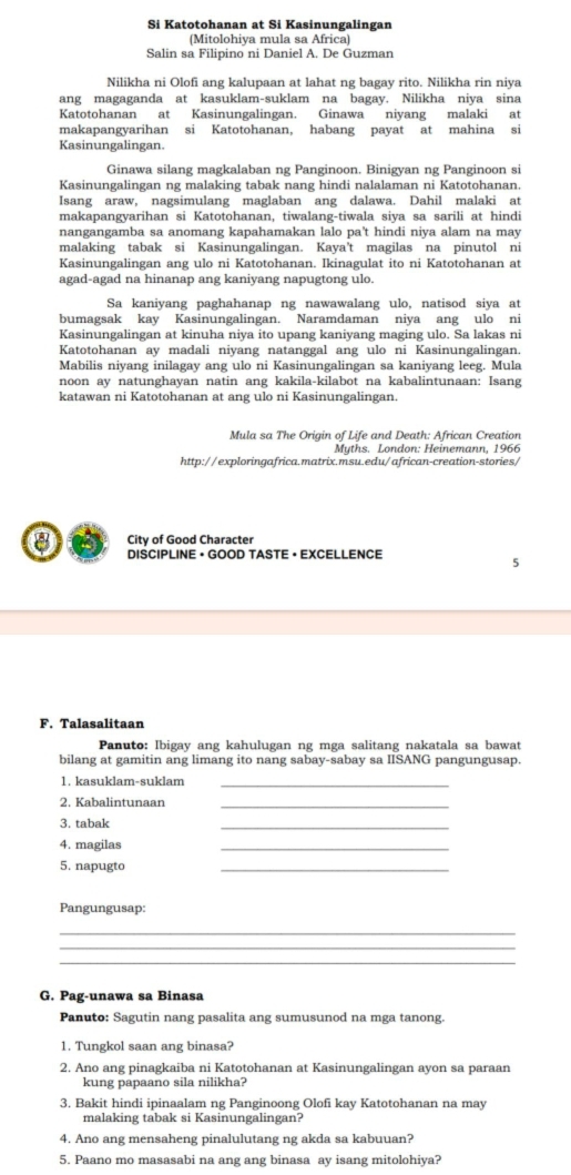 Solved: Si Katotohanan at Si Kasinungalingan (Mitolohiya mula sa Africa ...