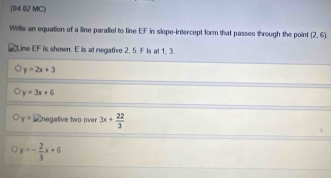 Solved: (04.02 MC) Write an equation of a line parallel to line EF in ...