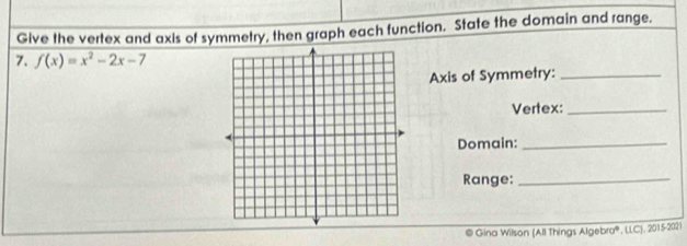 Solved: Give the vertex and axis of symmetry, then graph each function ...
