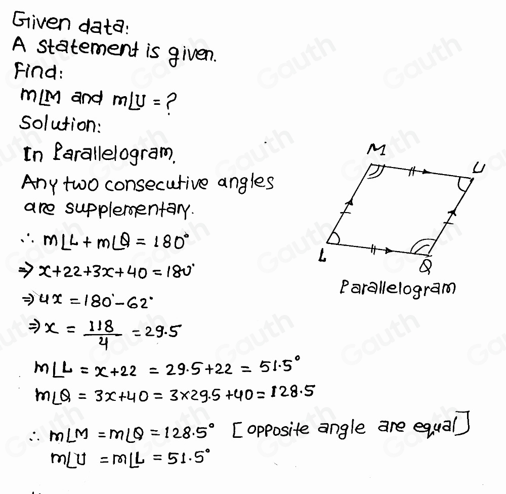 Solved: If m∠ L=x+22 and m∠ Q=3x+40 , find m∠ M and m∠ U. Hint: In a ...