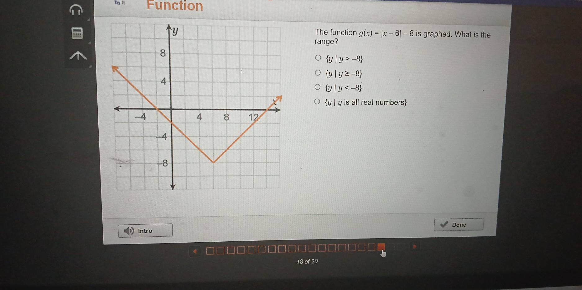 Solved: Function The function g(x)=|x-6|-8 is graphed. What is the ...