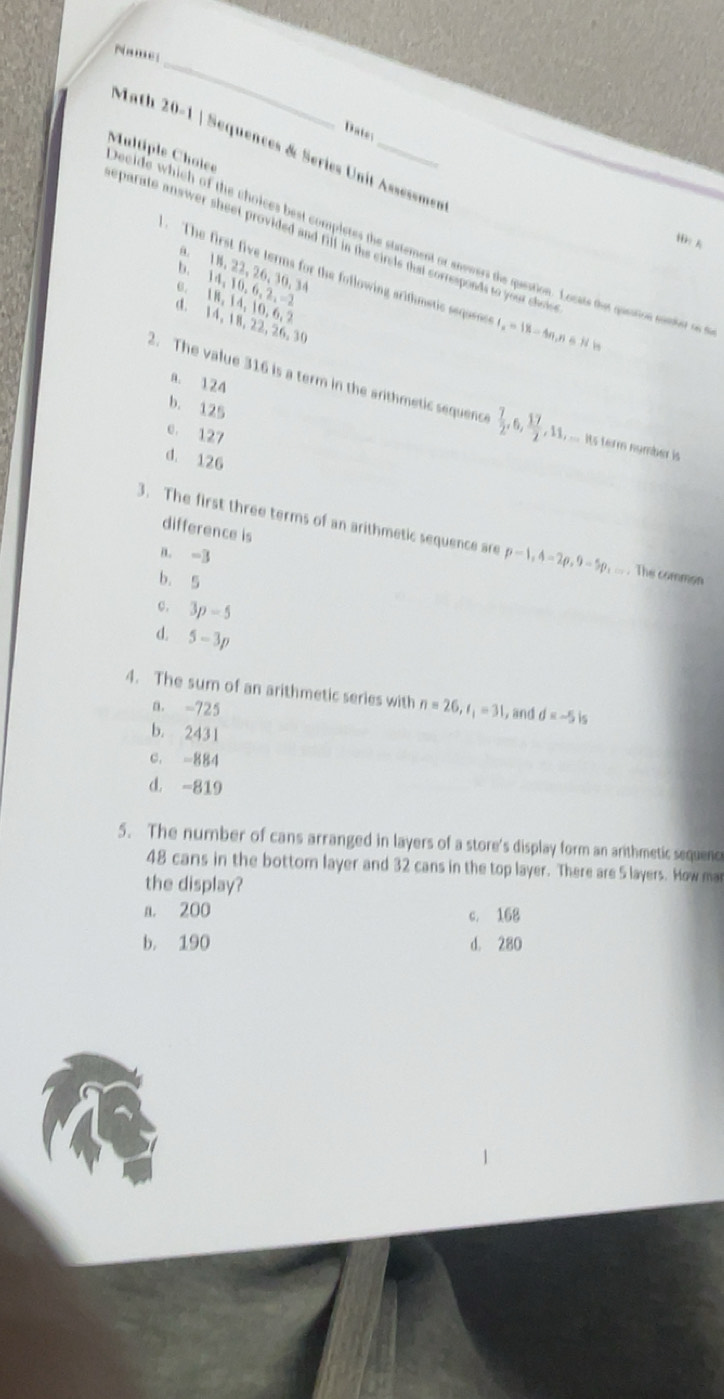 Solved: Pame Date: Math 20-1 | Sequences & Series Unit Assessmer ...