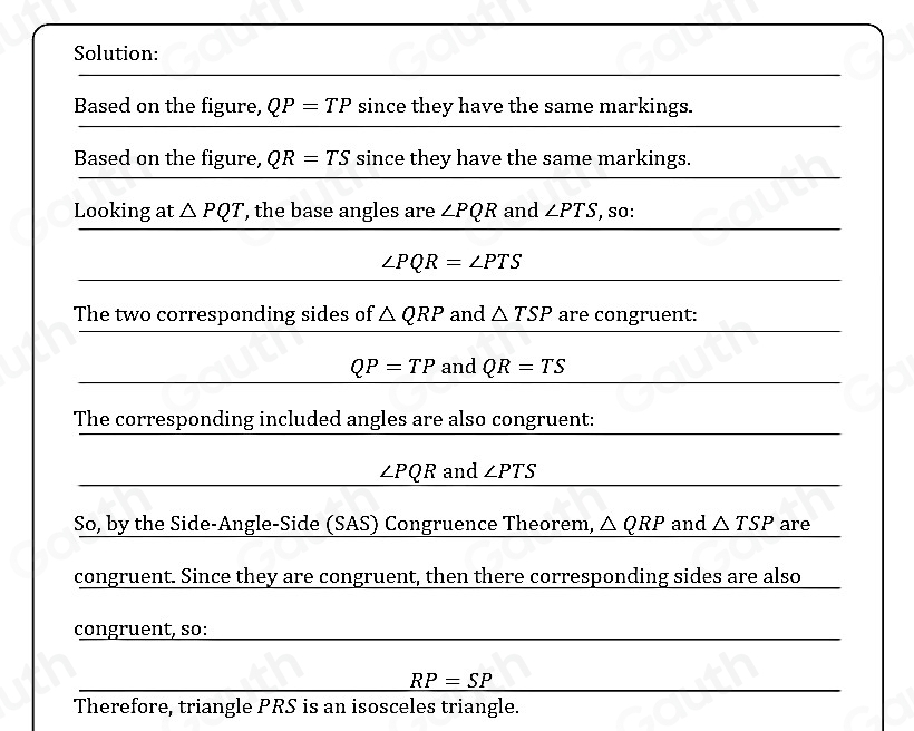 Solved: Part of a proof showing that triangle PRS is isosceles is shown ...