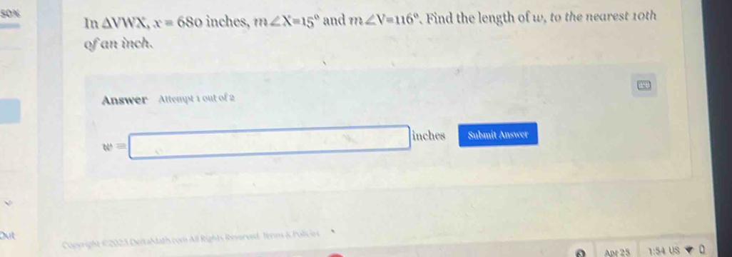 Solved: 50% inches, m∠ X=15° and m∠ V=116°. Find the length of w, to ...