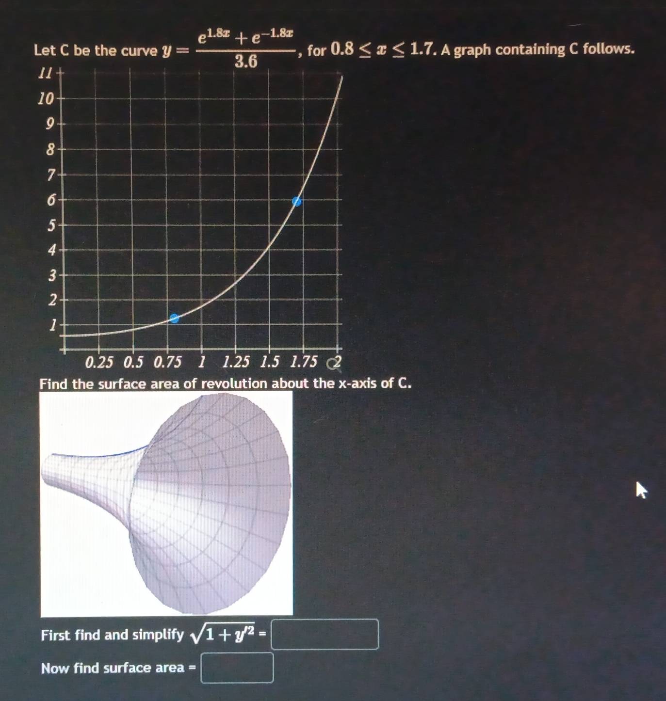 Solved: Let C be the curve y= (e^(1.8x)+e^(-1.8x))/3.6 0.8≤ x≤ 1.7. A graph containing C follows ...