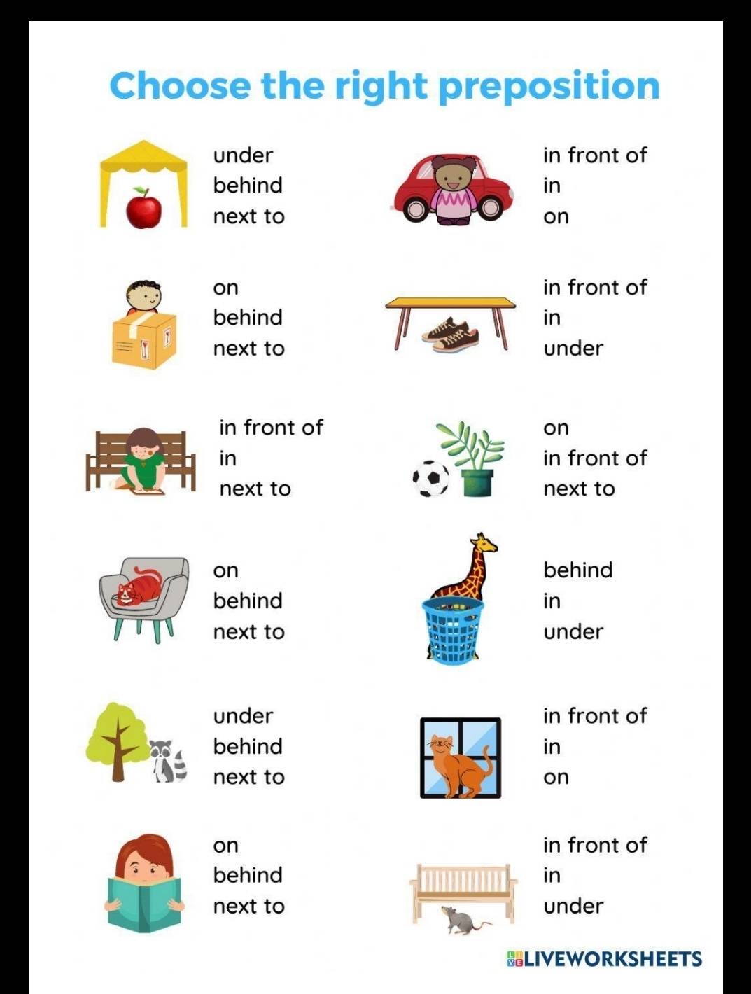 Risolto:Choose the right preposition under in front of behind in next ...