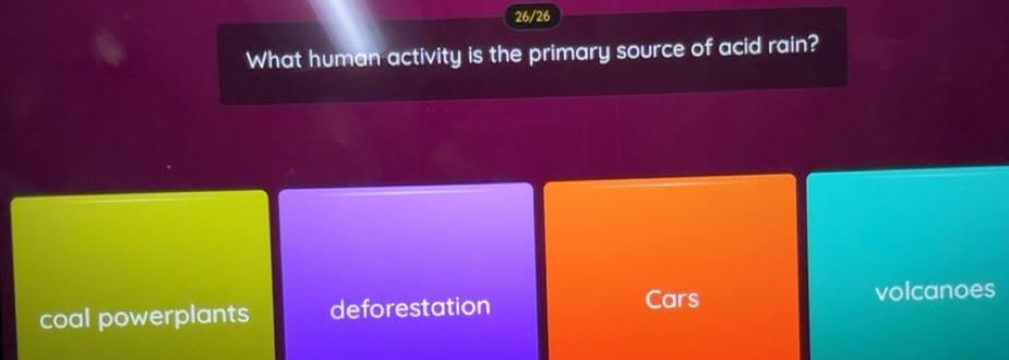 Gelöst:26/26 What human activity is the primary source of acid rain ...