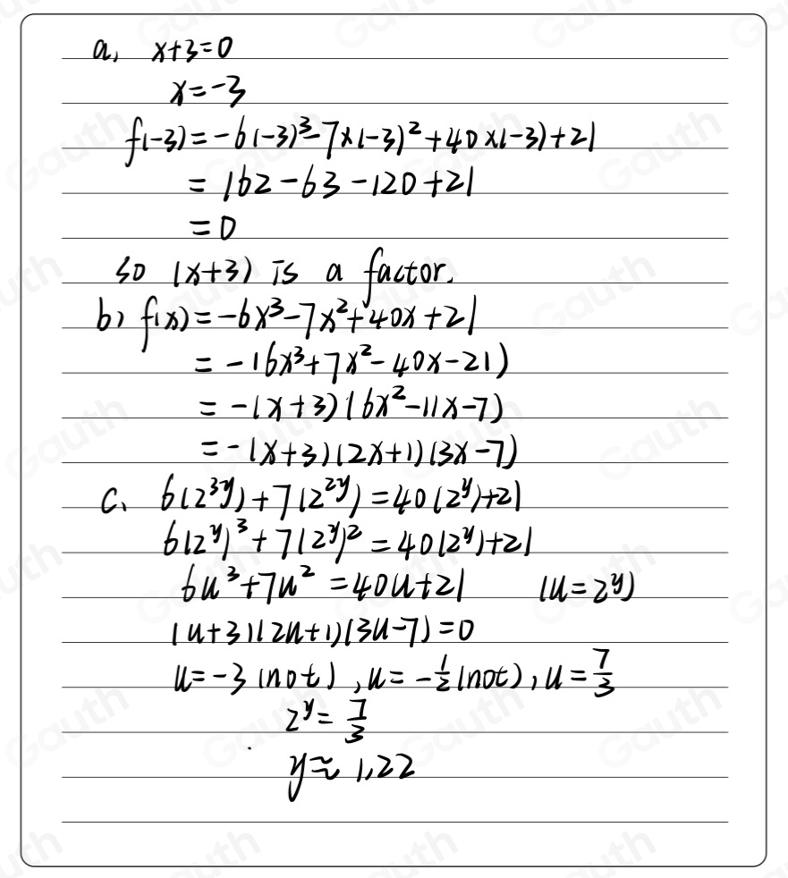Solved: f(x)=-6x^3-7x^2+40x+21 (a) Use the factor theorem to show that (x+3) is a factor of f(x ...
