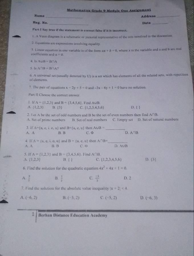 Résolu :Mathematics Grade 9 Module One Assignment Name _Address_ Reg ...