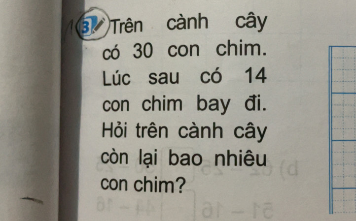 Giải quyết:Trên cành cây có 30 con chim. Lúc sau có 14 con chim bay đi ...