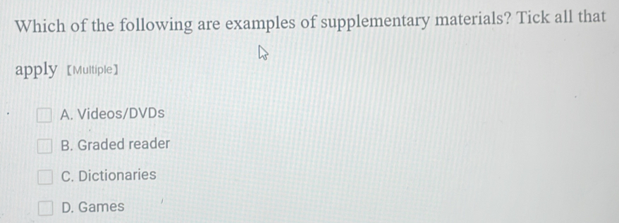 Solved: Which of the following are examples of supplementary materials ...