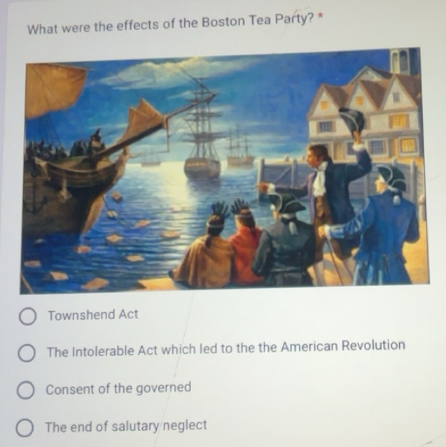 Solved: What were the effects of the Boston Tea Party? * Townshend Act ...