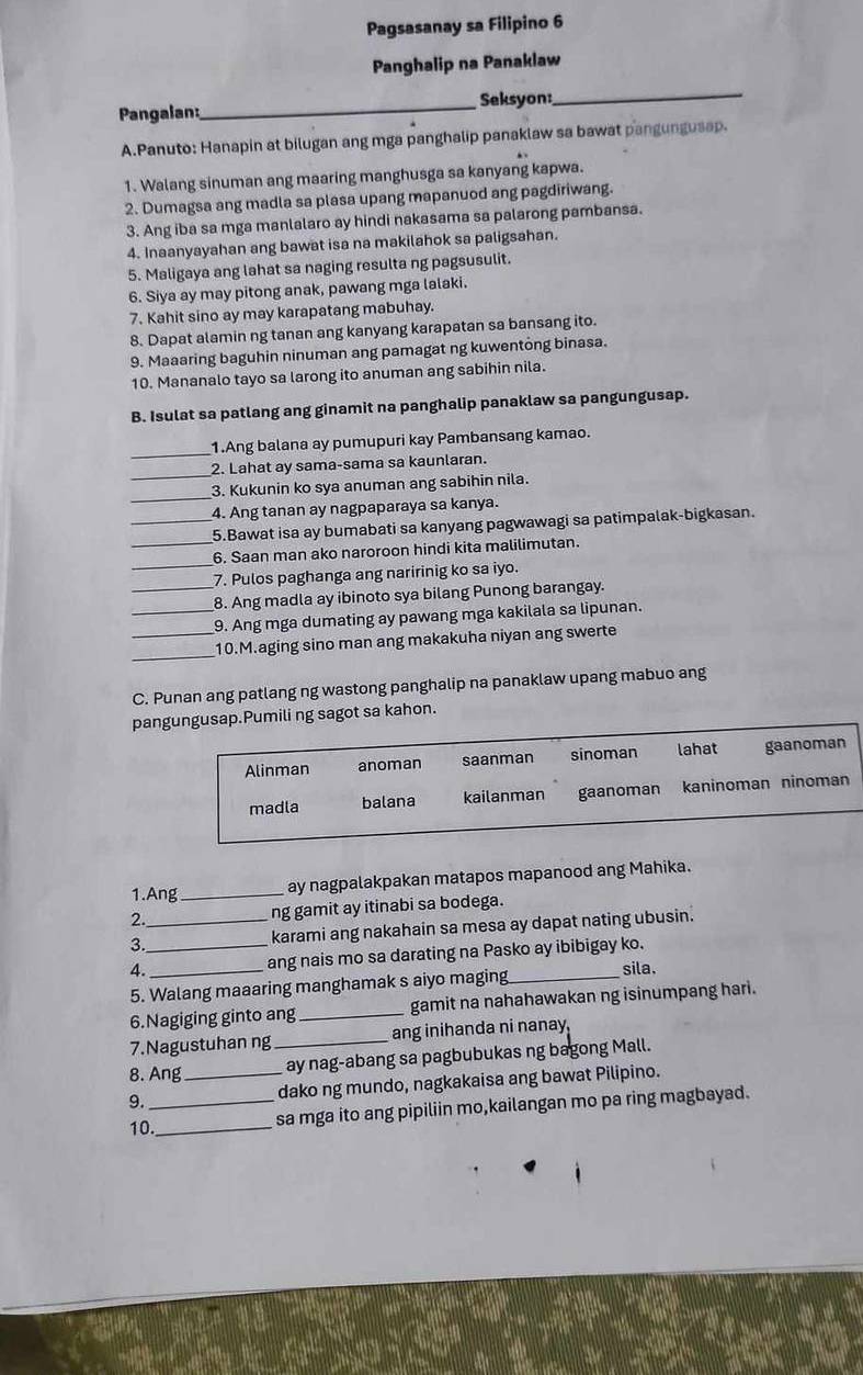 Solved: Pagsasanay sa Filipino 6 Panghalip na Panaklaw Pangalan ...