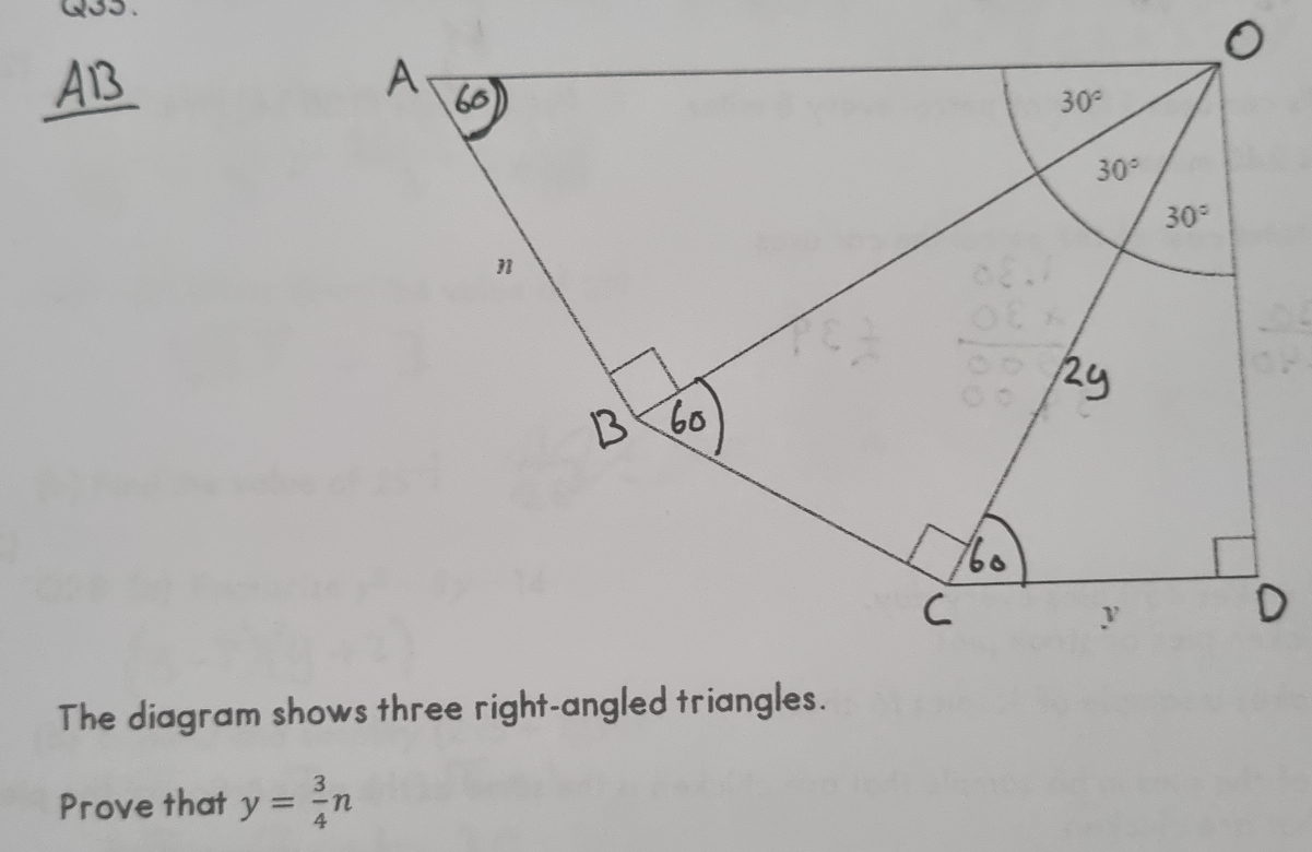 Solved: The diagram shows three right-angled triangles. Prove that y= 3 ...