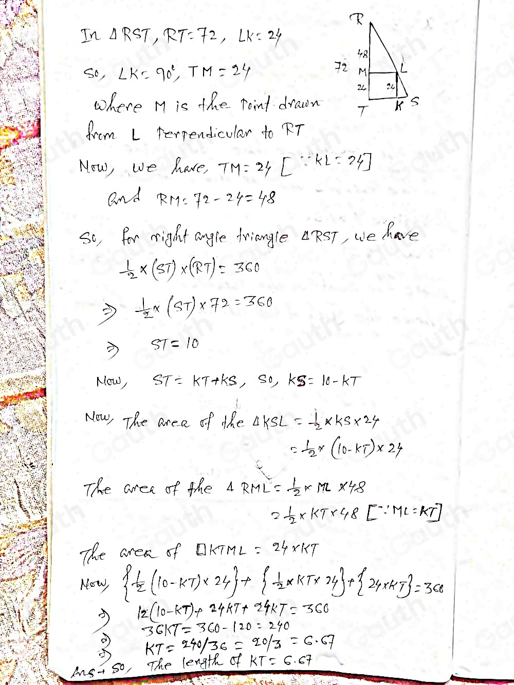 Solved: In triangle RST, angle T is a right angle, point L lies on ...