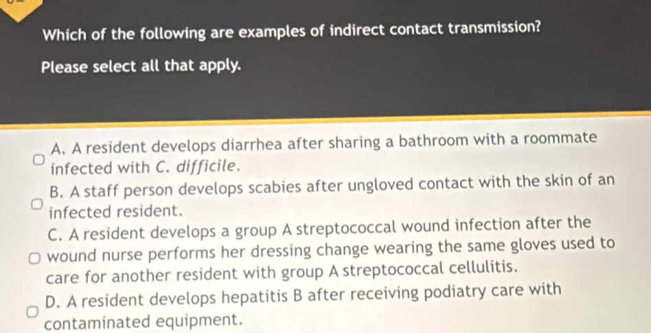 Solved: Which of the following are examples of indirect contact ...