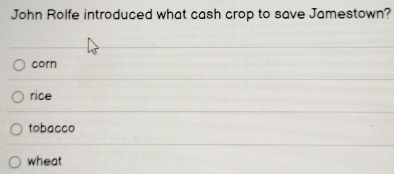 Solved: John Rolfe introduced what cash crop to save Jamestown? corn ...
