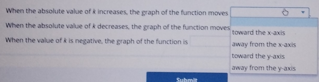 Solved: When the absolute value of k increases, the graph of the ...