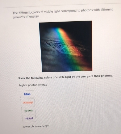 Solved: The different colors of visible light correspond to photons ...
