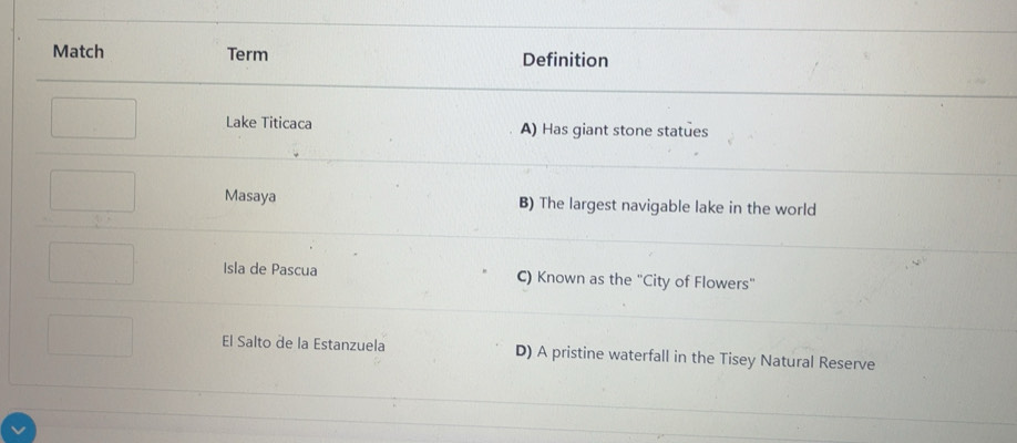 Solved: Match Term Definition Lake Titicaca A) Has giant stone statues ...