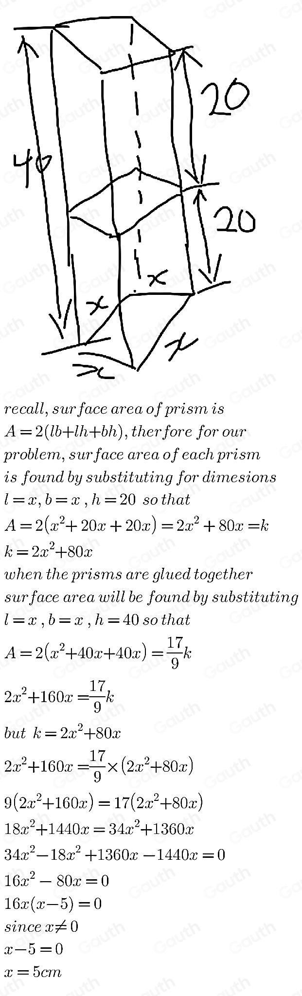 Giải quyết:Two identical rectangular prisms each have a height of 20 ...