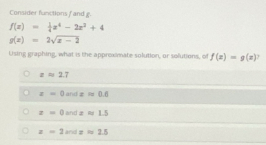 Solved: Consider functions f and g. f(x)= 1/4 x^4-2x^2+4 g(x)=2sqrt(x-2 ...