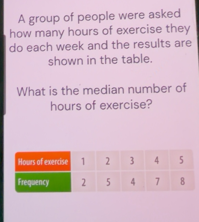 Gelöst:A group of people were asked how many hours of exercise they do ...