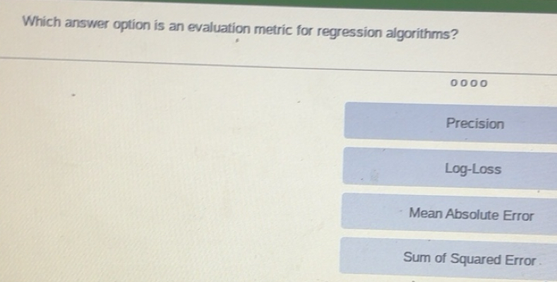 Gelöst:Which answer option is an evaluation metric for regression ...
