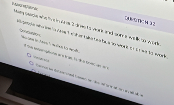 Solved: Assumptions: QUESTION 32 Many people who live in Area 2 drive ...