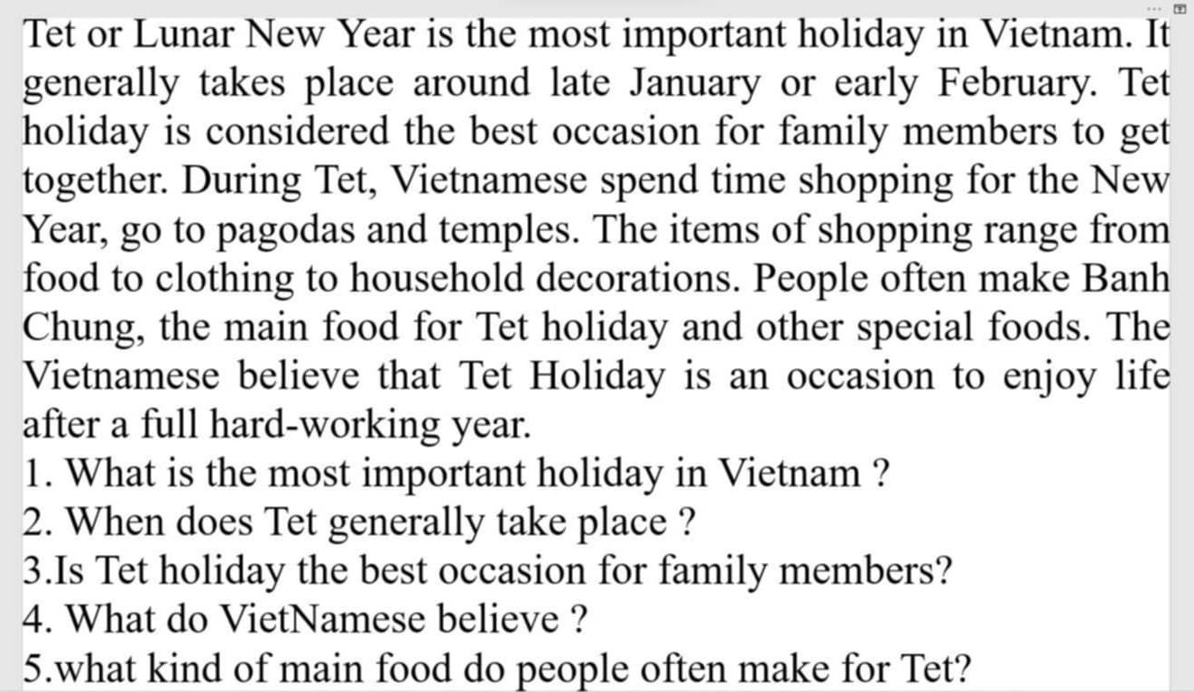 Giải quyết:Tet or Lunar New Year is the most important holiday in ...