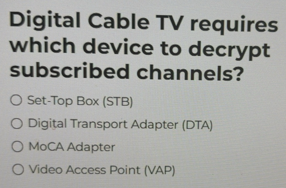 Solved: Digital Cable TV requires which device to decrypt subscribed ...