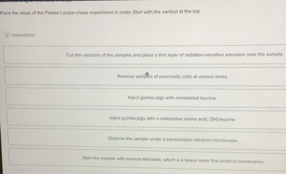 Solved: Place the steps of the Palade's pulse-chase experiment in order ...