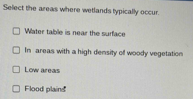 Solved: Select the areas where wetlands typically occur. Water table is ...