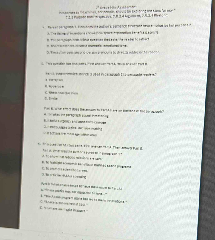 Solved: 7° Grade Mini Assessment Responses to “Machines, not people ...